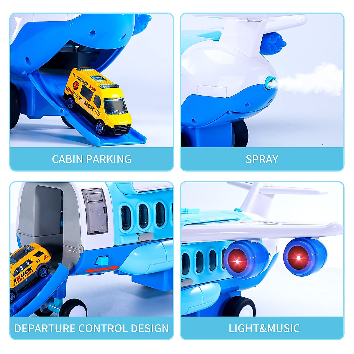 Bennol Spray Airplane Toys for Boys, Large Transport Cargo Airplane with 6 Construction Vehicle 10 Road Signs 1 Play Mat with Lights Sounds, Christmas Birthday Gifts for 3 4 5 6 7 8 Year Olds Boys