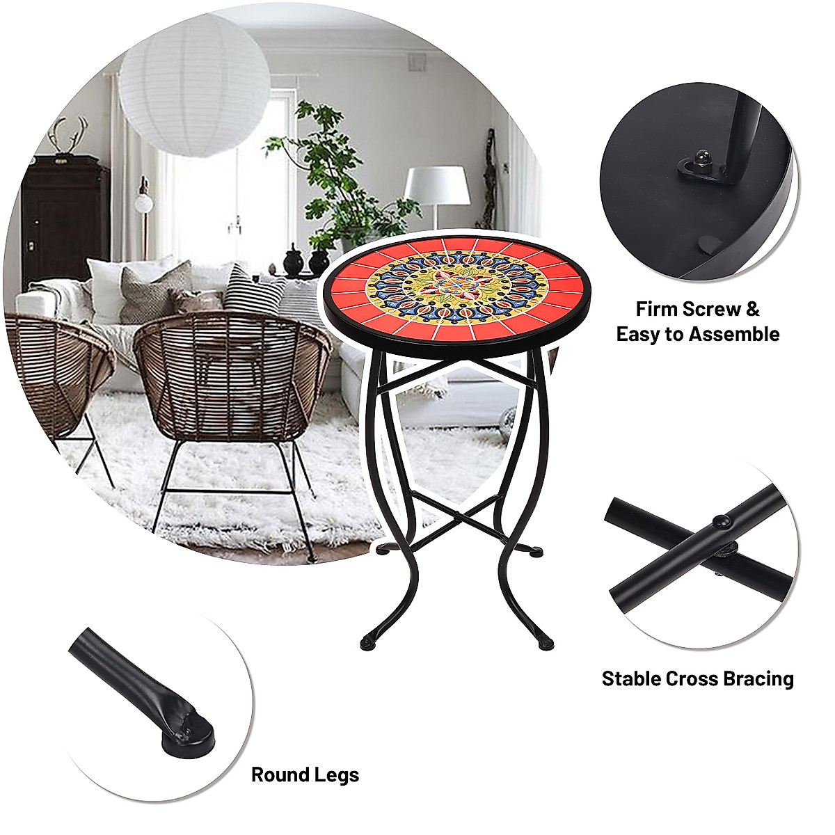 Elevon Outdoor Side Table Mosaic Patio Table, 21” Accent Table Round End Table with 14” Ceramic Table Top, Outdoor Patio Furniture Balcony Table for Garden Backyard Pool Porch Bistro, Plant Stand