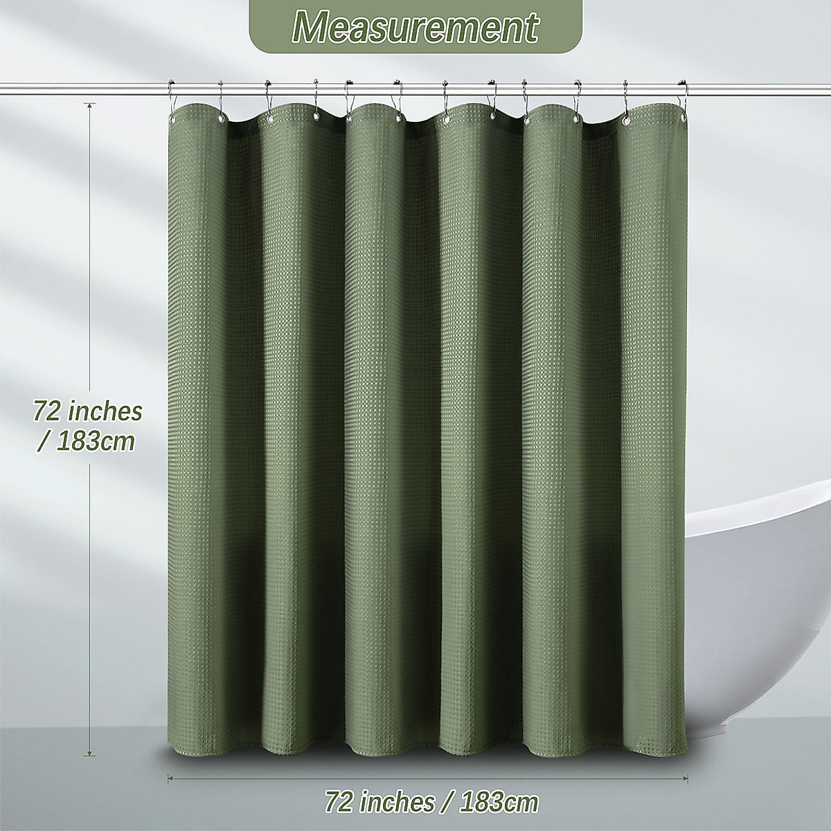 PANGSINNE Sage Green Shower Curtain - Waffle Weave Fabric Heavy Duty for Bathroom, Water Repellent Weighted 256GSM Hotel Quality Machine Washable Bath Curtains with 12 Hooks, 72Wx72H