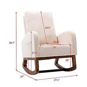 Nursery Rocking Chair,Upholstered Fabric Accent Armchair,Wooden Padded Seat with 2-Side Pocket,Nursing Chair with Rubber Wood Legs,Glider Chair for Nursery,Living Room,Home Office (Beige)