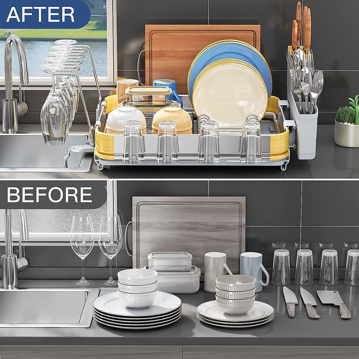 Dish Drying Rack, Aluminium Dish Racks for Kitchen Counter with Cup Rack, Large Dish Drainers with Drainboard, Anti-Rust Kitchen Dish Rack Dryer Shelf for Plate with Utensil, Cutting Board Holder