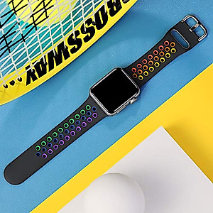 Muranne Sport Band Compatible with Apple Watch Bands 41mm 40mm 38mm iWatch SE & Series 7 & Series 6 5 4 3 2 1 for Women Men, Black/Rainbow, S/M