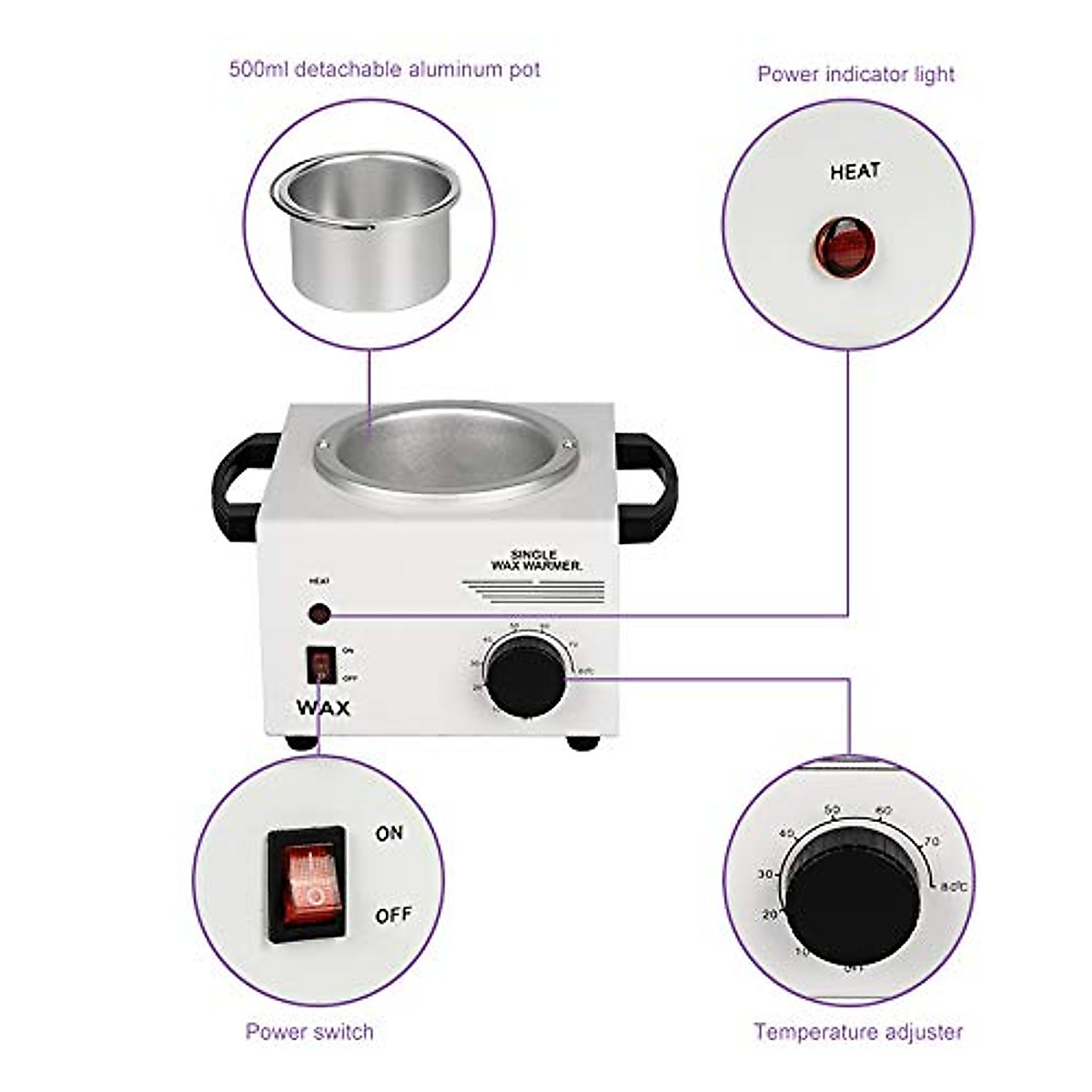 Single Pot Wax Warmer Professional Electric Wax Heater Machine Facial Skin SPA Equipment with Adjustable Temperature Set with Wood Craft Sticks（50 Pcs）