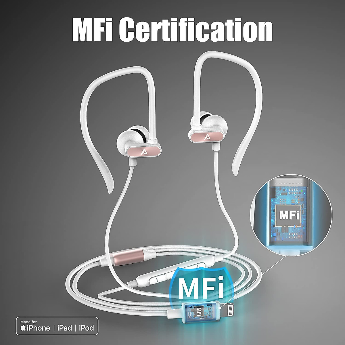 ADPROTECH Lightning Headphones iPhone Earbuds with Ear-Hook Sports Earphones for iPhone 14 13 12 11 Pro Max iPhone X XS Max XR MFi Certified with Mic Rose Gold