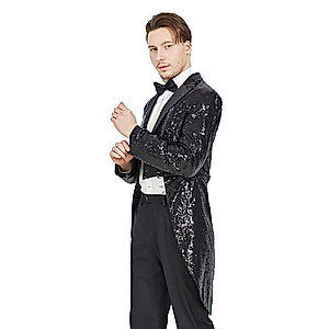 MAGE MALE Mens Sequin Tuxedo Jacket Tails Slim Fit Tailcoat Dress Coat Swallowtail Dinner Party Wedding Blazer Suit Jacket Black