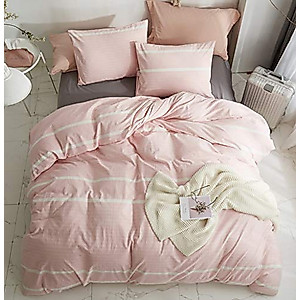 HYPREST 100% Cotton Duvet Cover Queen - Pink Striped Duvet Cover Soft Comfortable Cute Light Pink Comforter Cover Bedding Set