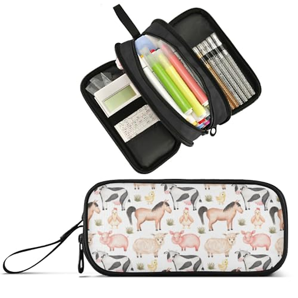 Pencil Case Big Capacity for Girl Boy Cute Pig Cow Rooster White Student Pencil bag Farm Animals Pen Pouch Large Stationery 3 Compartments Zippers Organizer School College Office Teens Adults