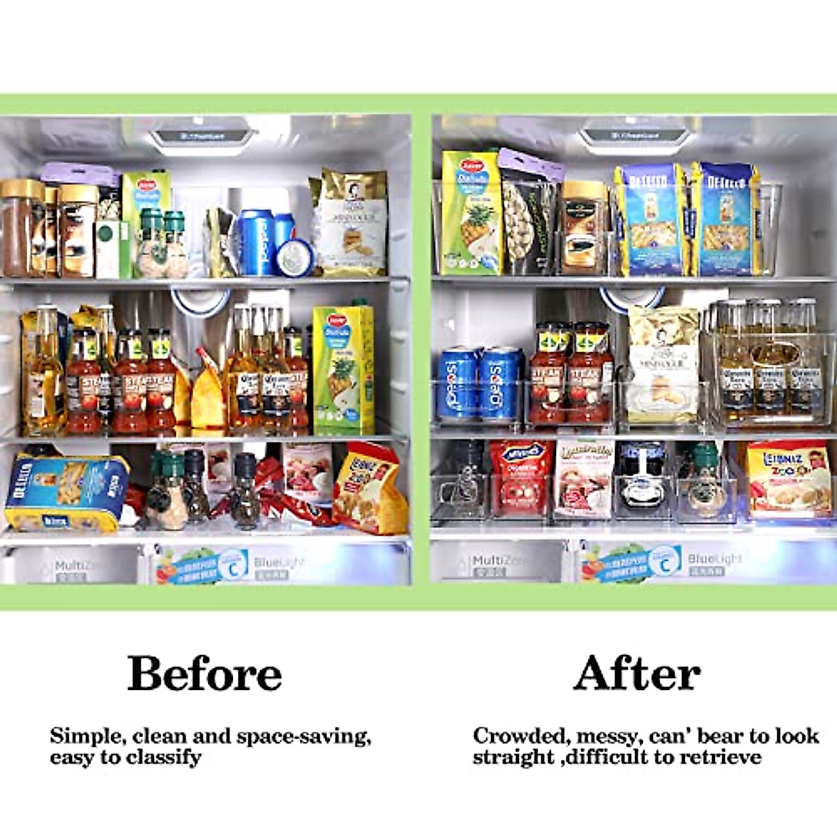 Plastic Refrigerator Organizer Bins - 4 Piece Clear Fridge Organizers with Handles, Fridge Organization Bin Set, Clear Plastic Freezer Storage Bins, Plastic Storage Bins for Cabinets, Pantry