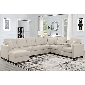 Ball & Cast 127" Convertible Sectional Sofa Couch with Removable Ottoman and Cup Holder,6 Seat Modular Living Room Furniture Sets with 2 Pillows & USB Port,for Lounge,Apartment,Beige
