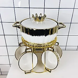 TFE's Fancy Ceramic Soup Tureen Bowl Gift Set with 6 Soup Bowls/Cups with Handles, Gold Stand & Lid, Hotpot Style Home Decor Kitchen Utensils Set for Ramen Pasta Gravy (White and Gold)