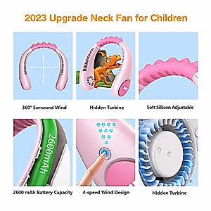 Kkdi Kids Neck Fan, Portable Bladeless Fan for Kid 4-14Y Girls & Boys, 2600mAh USB Personal Mini Fan Cooling Fan for Travel/Camping/Study, 4 Speeds, Lightweight, Compact, Perfect Summer Gifts for Kids