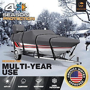 VINPATIO Trailerable Boat Cover, 600D Solution-Dyed Bass Boat Cover, 14-16 ft Heavy Duty 100% Waterproof Boat Covers Fits V-Hull Runabout Fishing Ski Pro-Style Bass Boats, Beam Width up to 68"