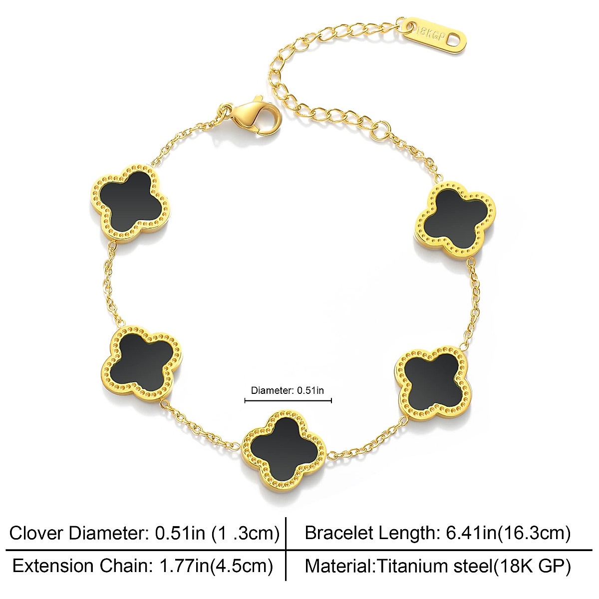 WSupikio Link Bracelets for Women Girls Trendy Bracelet Cute Plated 18K Gold Lucky Adjustable Clover Link Bracelets Mother's Day Christmas Gift Jewelry (Black)