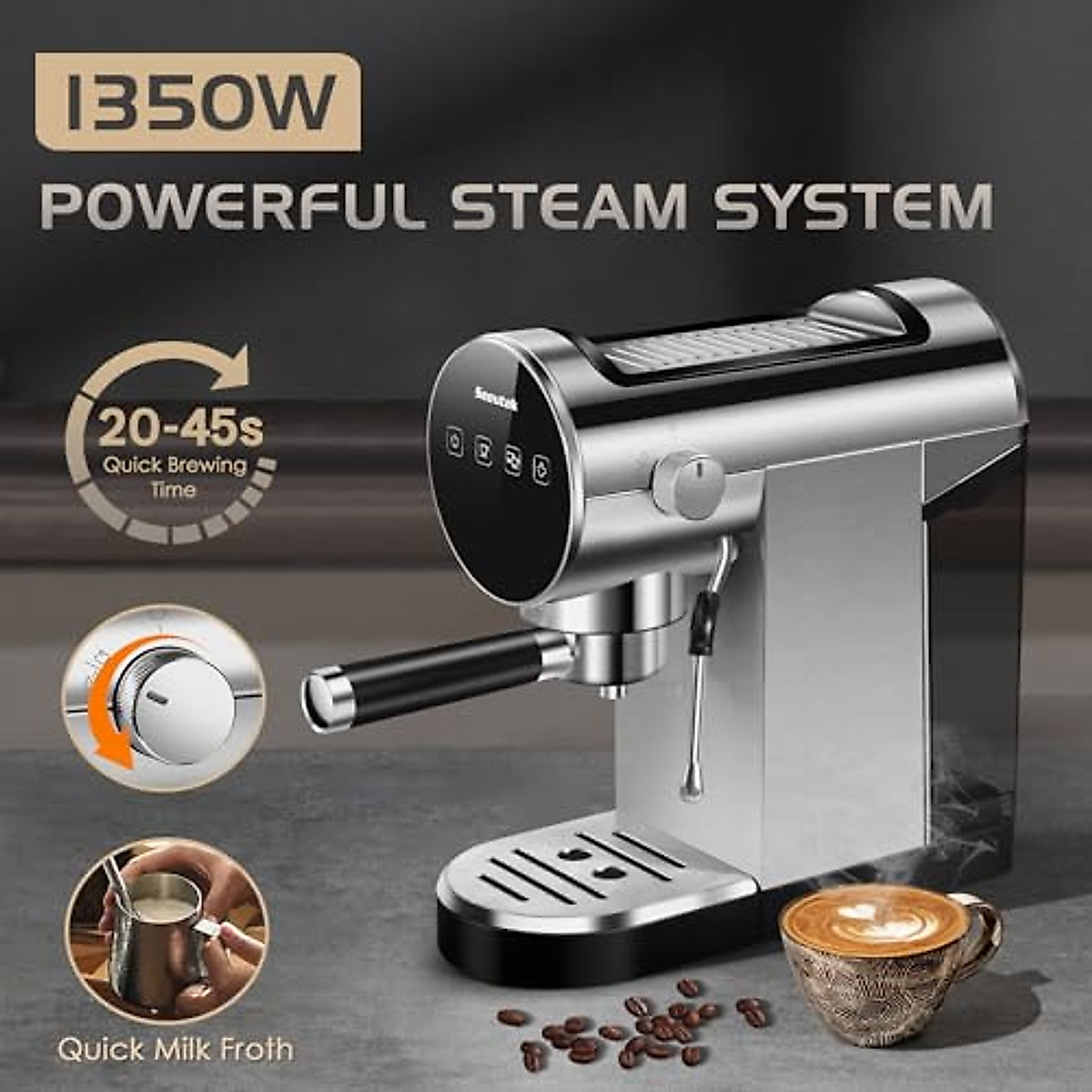 Seeutek Espresso Machine, 20 BAR Espresso Maker with Milk Frother Steam Wand, Compact Espresso Coffee Machine with Digital Touch Panel, 1350W, Cappuccino/Latte Machine for Home and Office