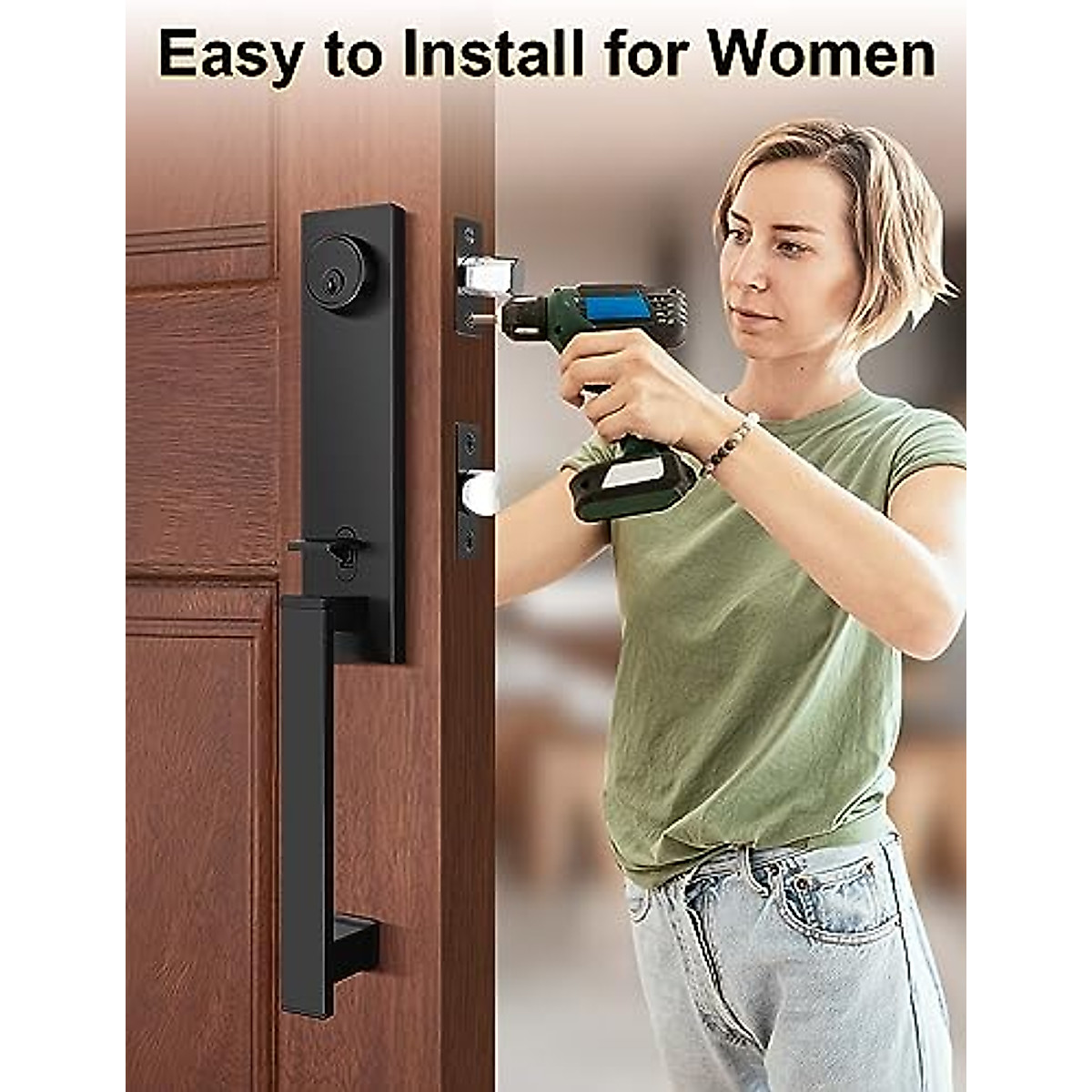 Tinewa Full Escutcheon HandleSet Front Door Entry Handle and Deadbolt Lock Set Slim Square Single Cylinder Deadbolt and Lever Heavy Duty – Matte Black Finish