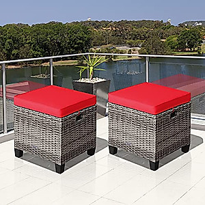 Tangkula 2 Pieces Patio Rattan Ottomans, Outdoor Wicker Footstool Footrest Seat with Soft Cushions and Steel Frame, All-Weather Patio Ottoman Set for Backyard Garden Poolside (Red)
