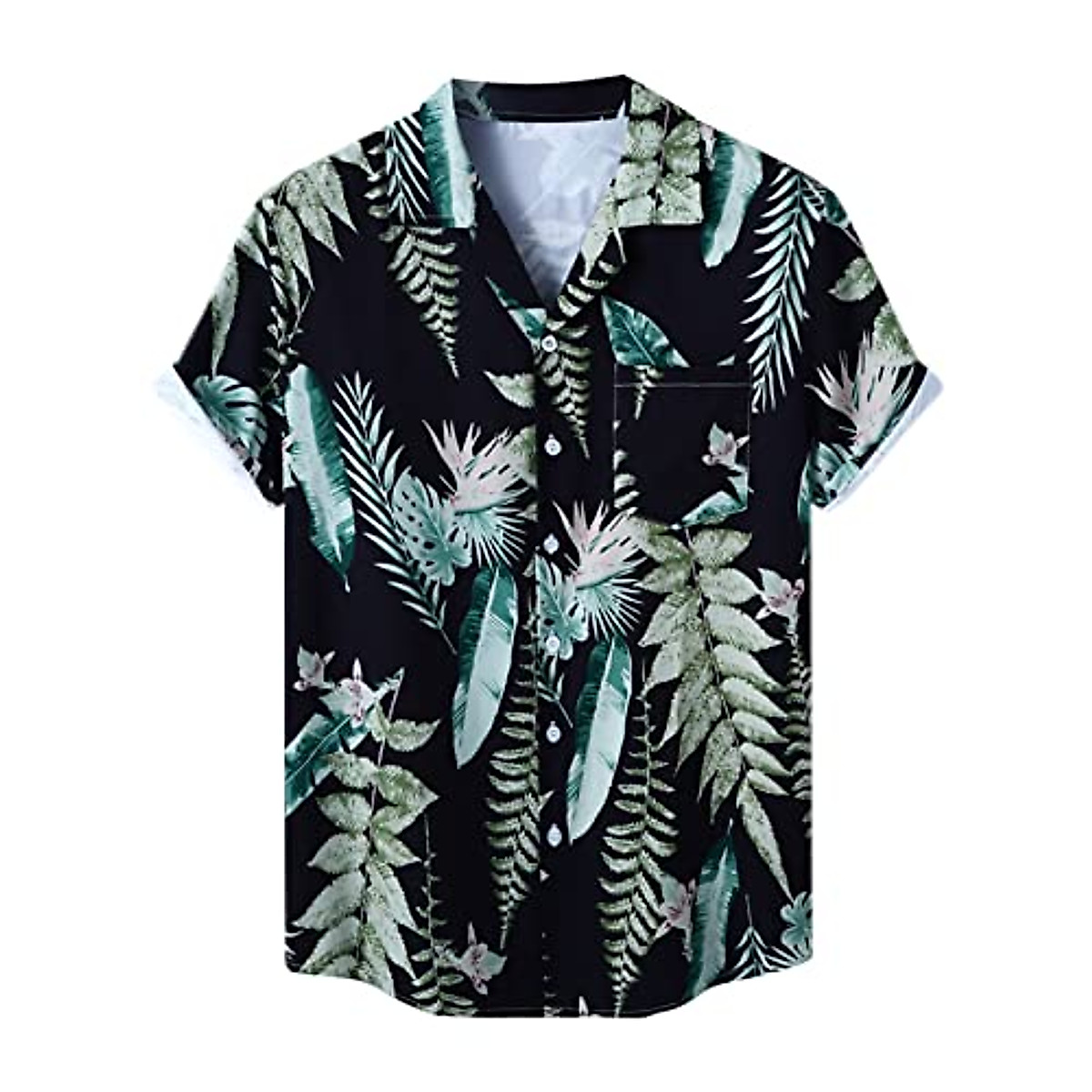 DUOWEI Male Spring and Summer Single Breasted Shirts Casual Print Lapel Beach Short Sleeve Pocket Outdoor Vacation Shirts Black