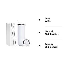 ZREGGUR Sublimation Tumblers bulk 20 oz 1Pack Stainless Steel Double Wall Insulated Straight Sublimation Tumbler Cups Blank White with Lid and straw, Individually Box,brush,Heat Transfer
