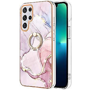 Monwutong Slim Fit Phone Case for Samsung Galaxy S23 Ultra, IMD Marble Pattern Shiny Ring Kickstand Case for Girls,with Camera and Screen Protection Cover for Galaxy S23 Ultra,ZHDD Rose Gold