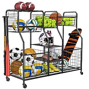 Garage Sports Equipment Organizer, Ball Storage Rack, Garage Organizer System, Indoor/Outdoor Sports Rack, Rolling Sports Ball Storage Cart with Wheels, for Basketballs Footballs Volleyball, Black