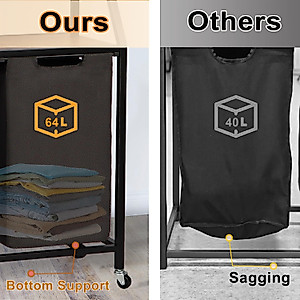 Timberer Laundry Hamper, Laundry Sorter, Rolling Laundry Basket with Wheels, 2 Shelves, 16.9 Gal(64L), Pull-Out and Removable Laundry Bags, for Laundry Room, Black and Rustic Brown