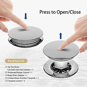 Sogmeter Chrome Plated Tub Drain Kit with Hair Catcher, Premium Brass Mushroom Tip-Toe Bathroom Tub Drain Replacement and 2-Hole Overflow Faceplate, 11.5/16 UNC Bathtub Drain Stopper Assembly