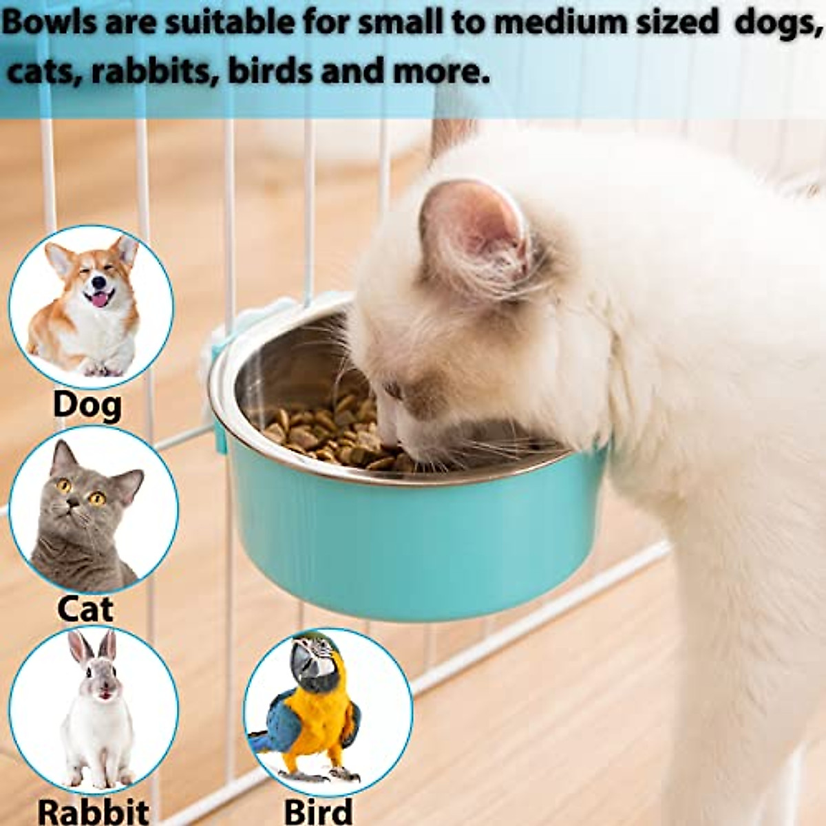 Mechpia 2 Pieces Crate Dog Bowl, Removable Stainless Steel Pet Kennel Hanging Food Water Feeder Bowl Cage Coop Cup for Puppy Medium Dog Cat Rabbit Ferret Bird (Blue,Green)