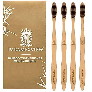 Paramexview® Moso Natural Bamboo Toothbrushes Set of 4 | BPA-Free Medium Bristles, Eco-Friendly | Biodegradable Handle, Charcoal Infused and Organic Base