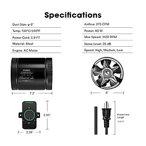VIVOSUN Inline Booster Duct Fan 6” 275 CFM with Speed Controller, HVAC Exhaust Ventilation Fan with Low Noise for Basements, Bathrooms, Kitchens, Attics, Grow Tents