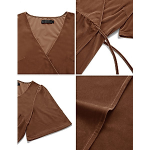 MEROKEETY Women's V Neck Velvet Formal Dress Ruffle Sleeve Tie Waist Slit Elegant Long Dresses 2024, Brown, Medium