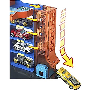 Hot Wheels City Toy Car Track Set Downtown Car Park Playset with 1:64 Scale Vehicle, 4 Levels, Working Lift & Exit Chute