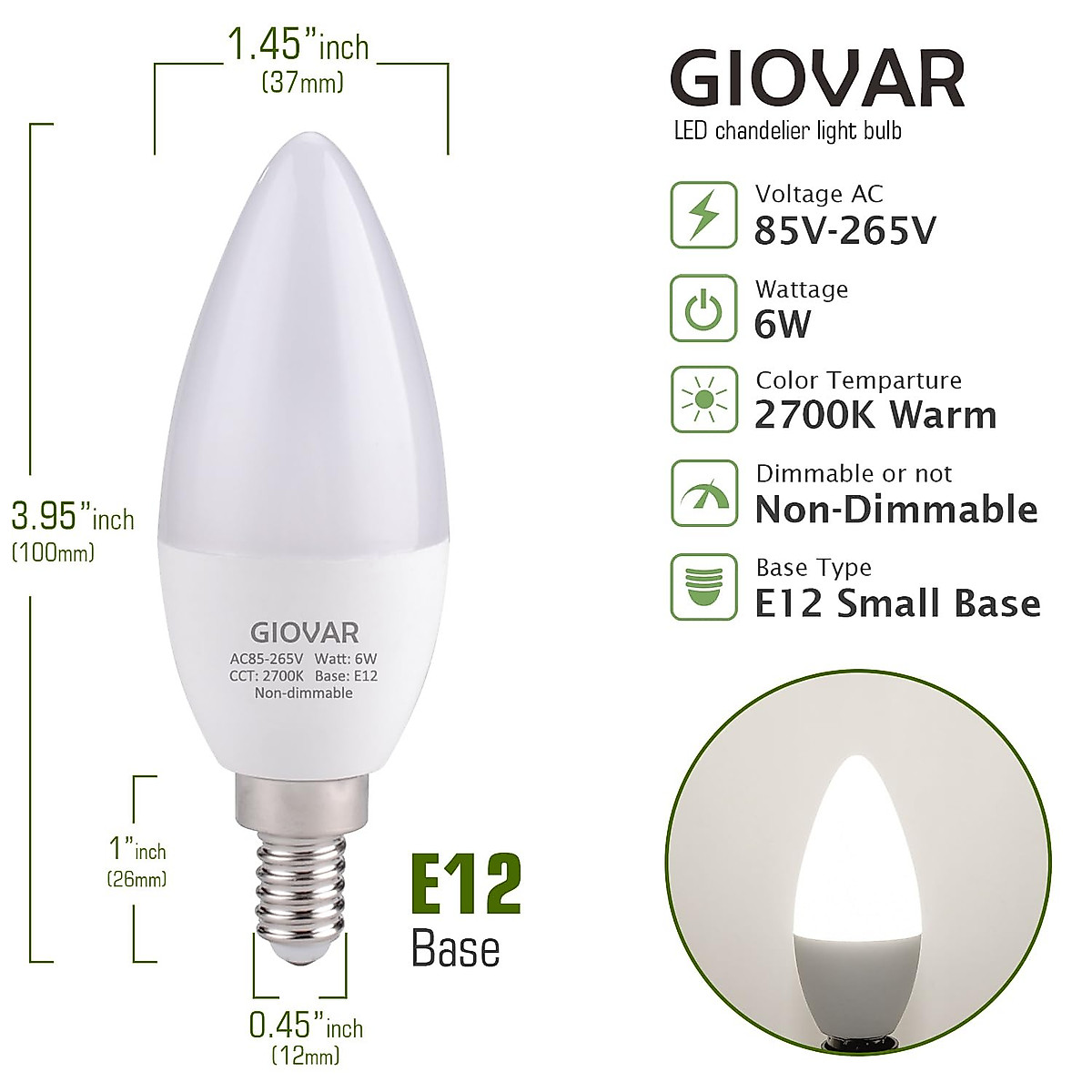 GIOVAR 4Pack LED Celing Fan Light Bulbs 60 Watt, Daylight 5000K, E12 Candelabra Bulb Base Socket, 120V, Type B, Non-Dimmable