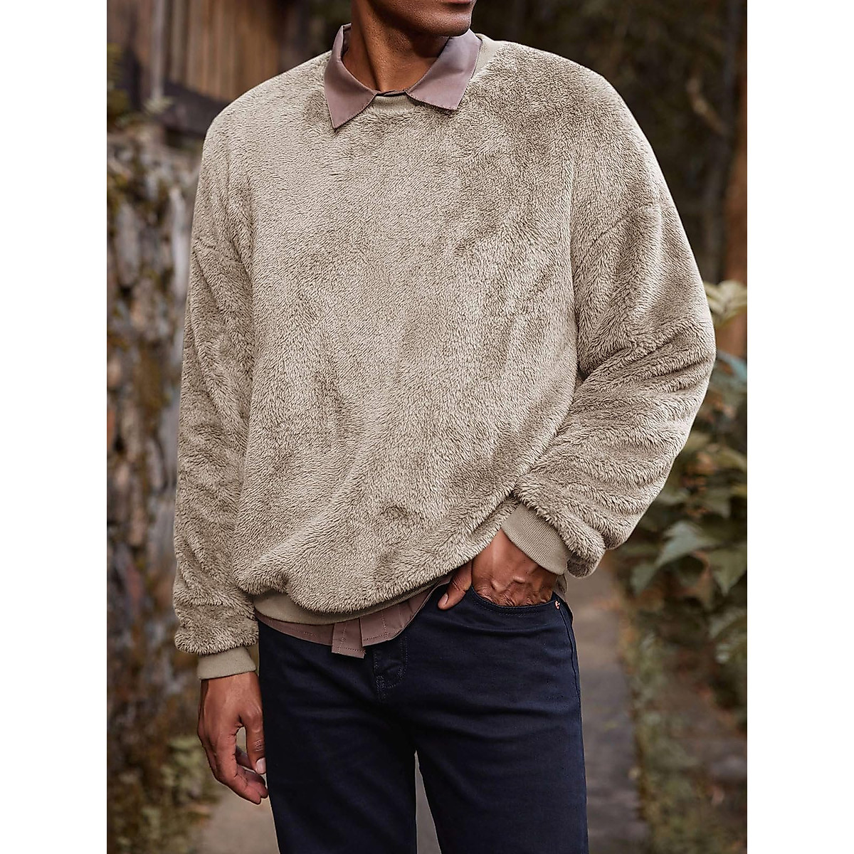 Runcati Mens Fuzzy Sherpa Sweatshirt Long Sleeve Fluffy Crew Neck Pullover Cozy Basic Unisex Fall Winter Warm Tops