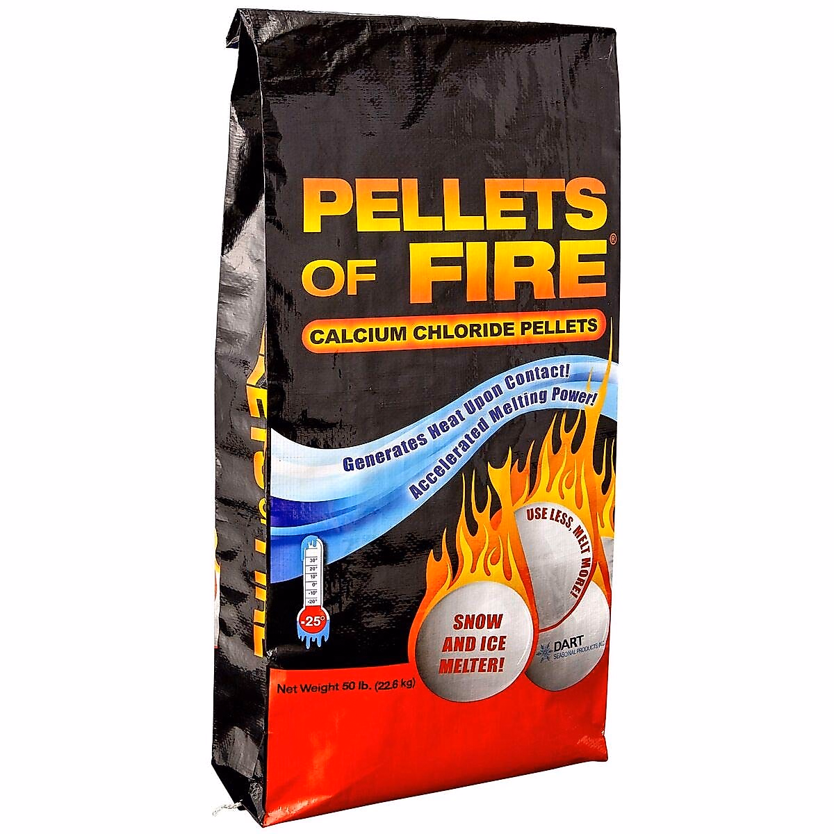 Pellets of Fire Calcium Chloride Ice and Snow Melt + Deicer, 50 Lb. Bag, Works to -25 Degrees Fahrenheit