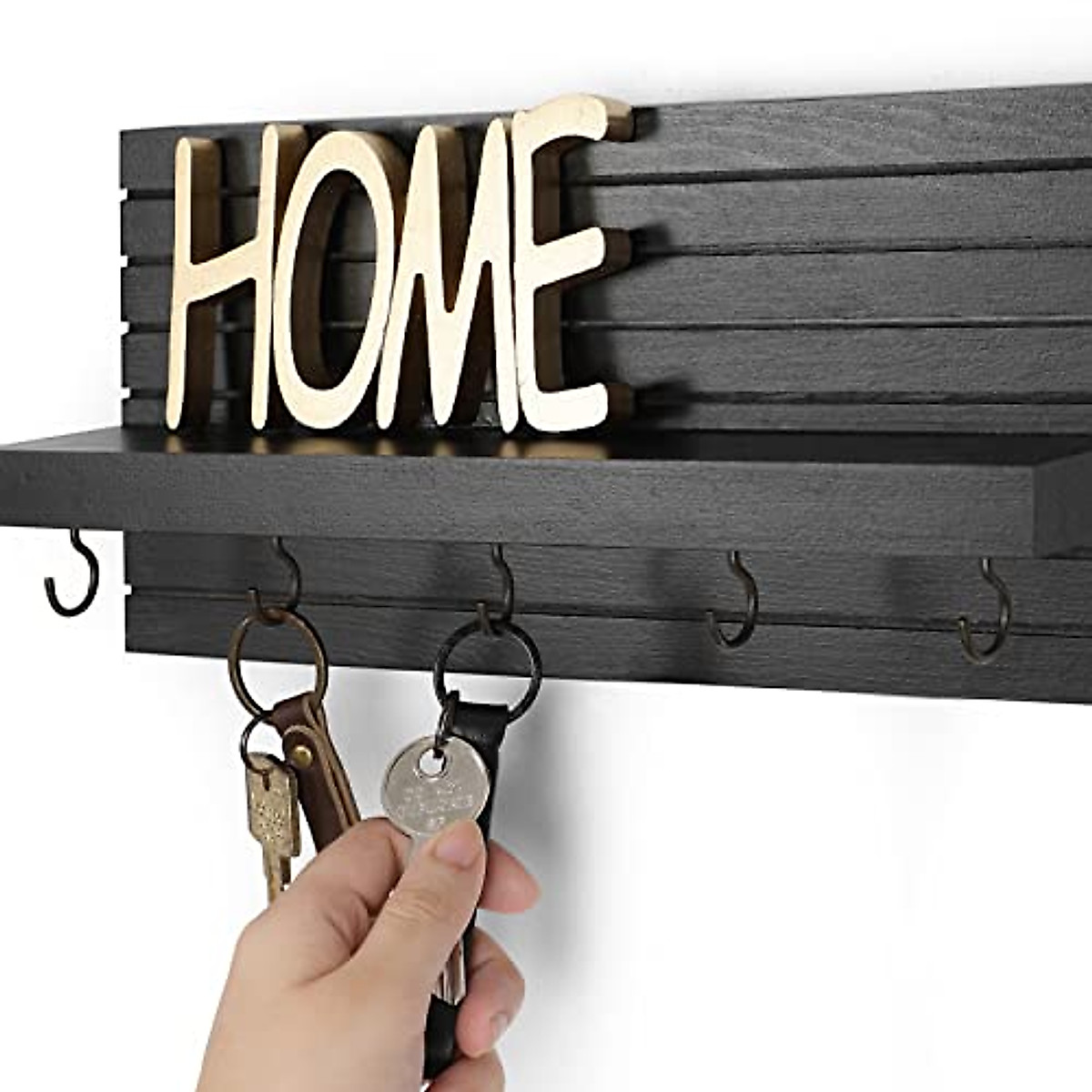 Decorative Key Holder for Wall with Shelf, Entryway Shelf with Hooks Holds Leashes, Jackets and Glasses – Sturdy Wood Keyholder Entrance Hanger with Mounting Hardware (11.8” x 5.5” x 3.1”) (Black)