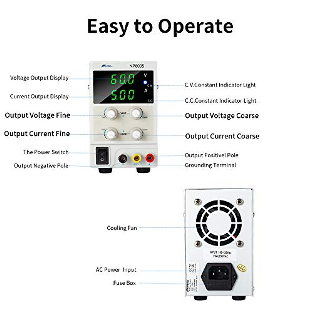 60V 5A DC Bench Power Supply Variable 3-Digital LED Display with CC/CV Mode- Free Alligator Leads for Repair, Lab, DIY Tool, Electronic Research, Powering Ebike, Tinkering