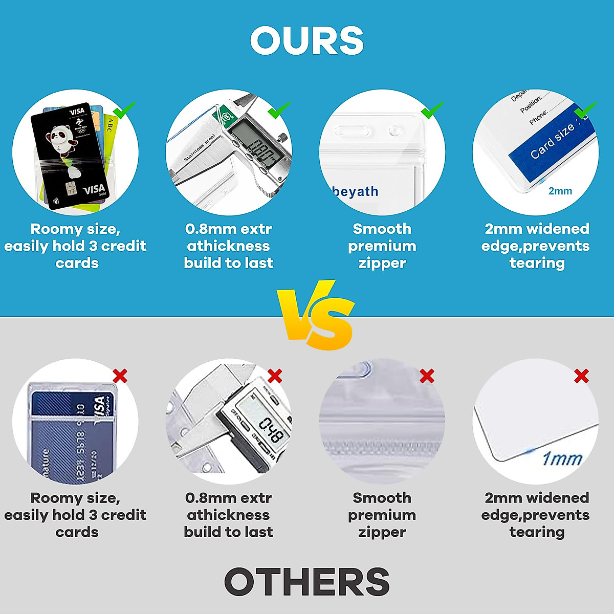 Abeyath 200 Pack Extra Thick ID Badge Holder Vertical Clear ID Card Holder with Waterproof Resealable Zip Name Tag Holder for Nurses, ​School and Office（ 2.25x2.5Inch）