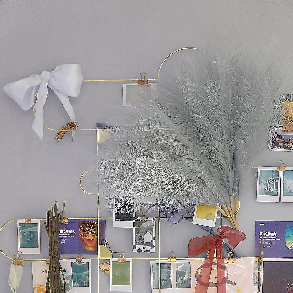 Faux Pampas Grass 6 Stems Small Artificial Pampas Grass 18'' No-Shedding Short Fake Pampas Grass Pompass Fluffy Plants Boho Decor for Centrepiece Living Room Home Office Wedding, No Vase (Grey)