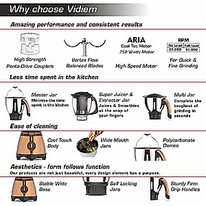 Vidiem BRONZE Stainless Steel Jars with Juice Extractor 750 Watts,110 volts with Free Service Kit included
