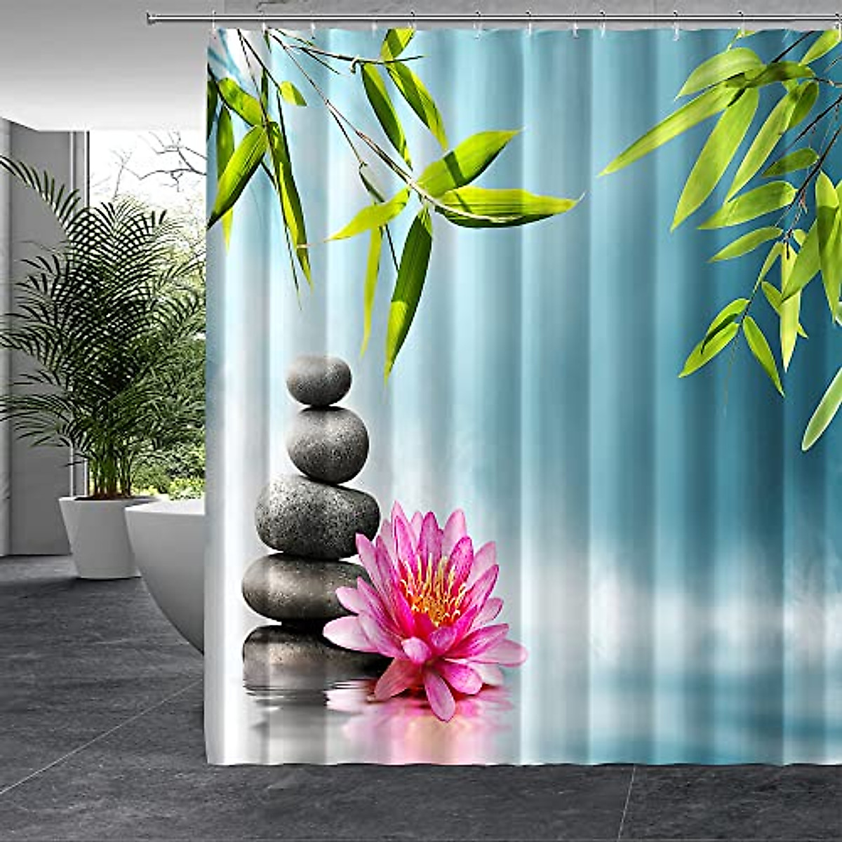 NYJSMYG Spa Shower Curtains Lotus Green Bamboo Leaf Flower and Basalt Stones Bathroom Polyester Fabric Decor Hanging Cloth Curtain Sets 70 x 70 Inch with Hooks