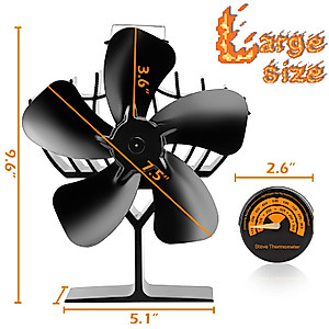CWLAKON Wood Stove Fan, Large Size Heat Powered Fireplace Fan for Gas/Pellet/Wood Burning Stove, Silent Eco Stove Top Fan 5-Blades with Thermometer