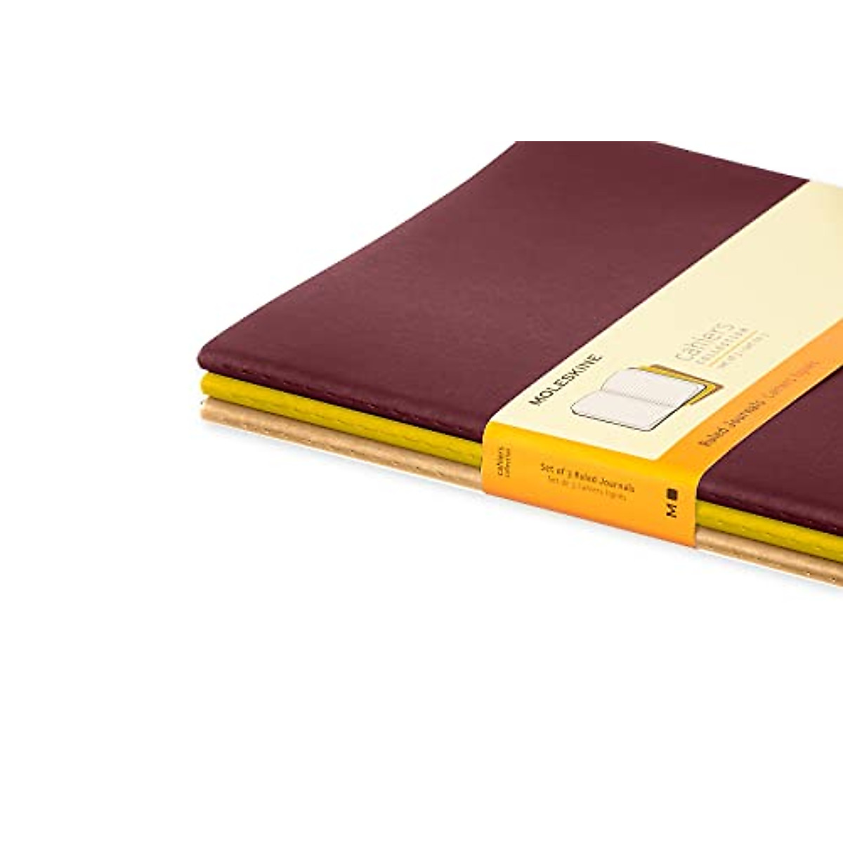 Moleskine Cahier Journal, Soft Cover, XL (7.5" x 9.5") Ruled/Lined, Cranberry Red, Mustard Yellow, Kraft Brown, 120 Pages (Set of 3)