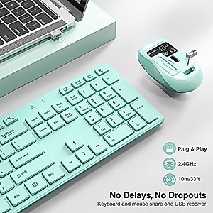 WisFox 2.4GHz Full-Size Silent Keyboard with Numeric Keypad, Long Battery Life, Lag-Free, Slim USB Cordless and Mouse for PC Laptop Windows (Mint Green)