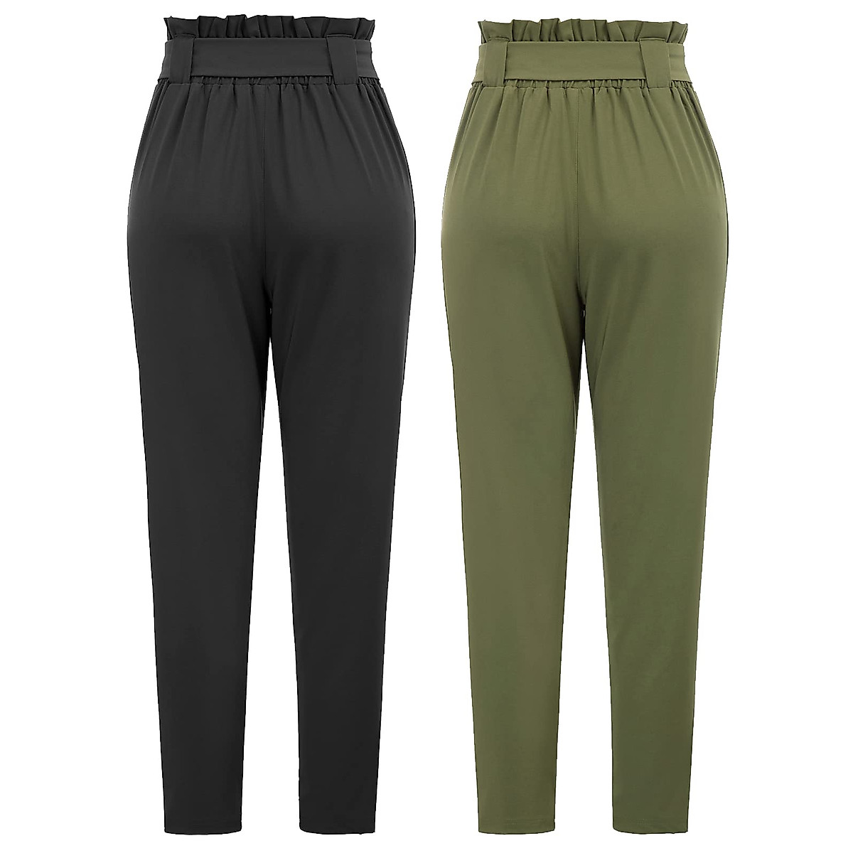 GRACE KARIN Women's Paper Bag High Waist Slim Fit Knot Pants with Belt 2pcs Black & Army Green L