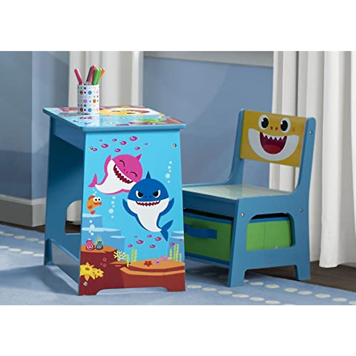 Baby Shark Wood Art Desk and Chair Set with Dry Erase Top and Reusable Vinyl Cling Stickers by Delta Children - Greenguard Gold Certified