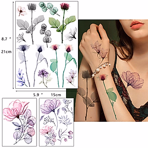 GLARYYEARS X-ray Flower Temporary Tattoo, 8-Pack Creative Realistic Flower Tattoos, Floral Design Variety Pack Fake Tattoo Stickers for Women Girls, Long-lasting Tattoos for Body Face Hand Arm
