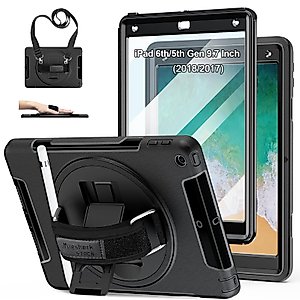 Case for iPad 6th/5th Generation: Protective TPU Cover for iPad 9.7 (2018/2017) & iPad Air 2 9.7" with Screen Protector- Stand- Handle- Shoulder Strap-Pencil Holder- Black