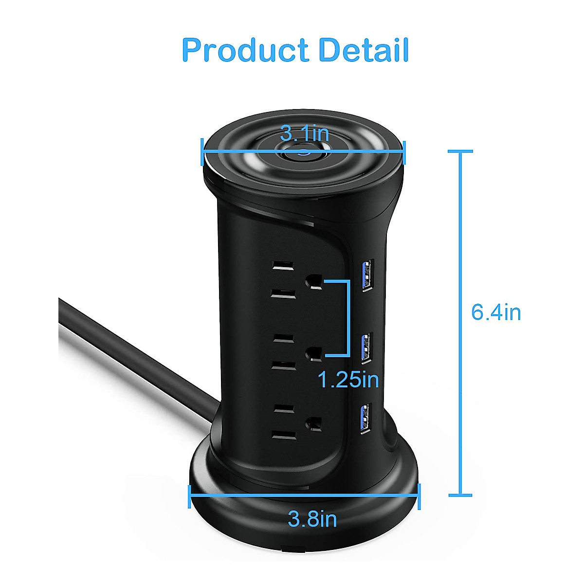 Meeoueoiu Tower Power Strip with 12-Outlet,3 USB-A Ports.Desk Power Strip Tower 1875 Watts 15 Amp,6.5-FT Flat Plug Extension Cord Tower for Home,Office,Cruise Ship