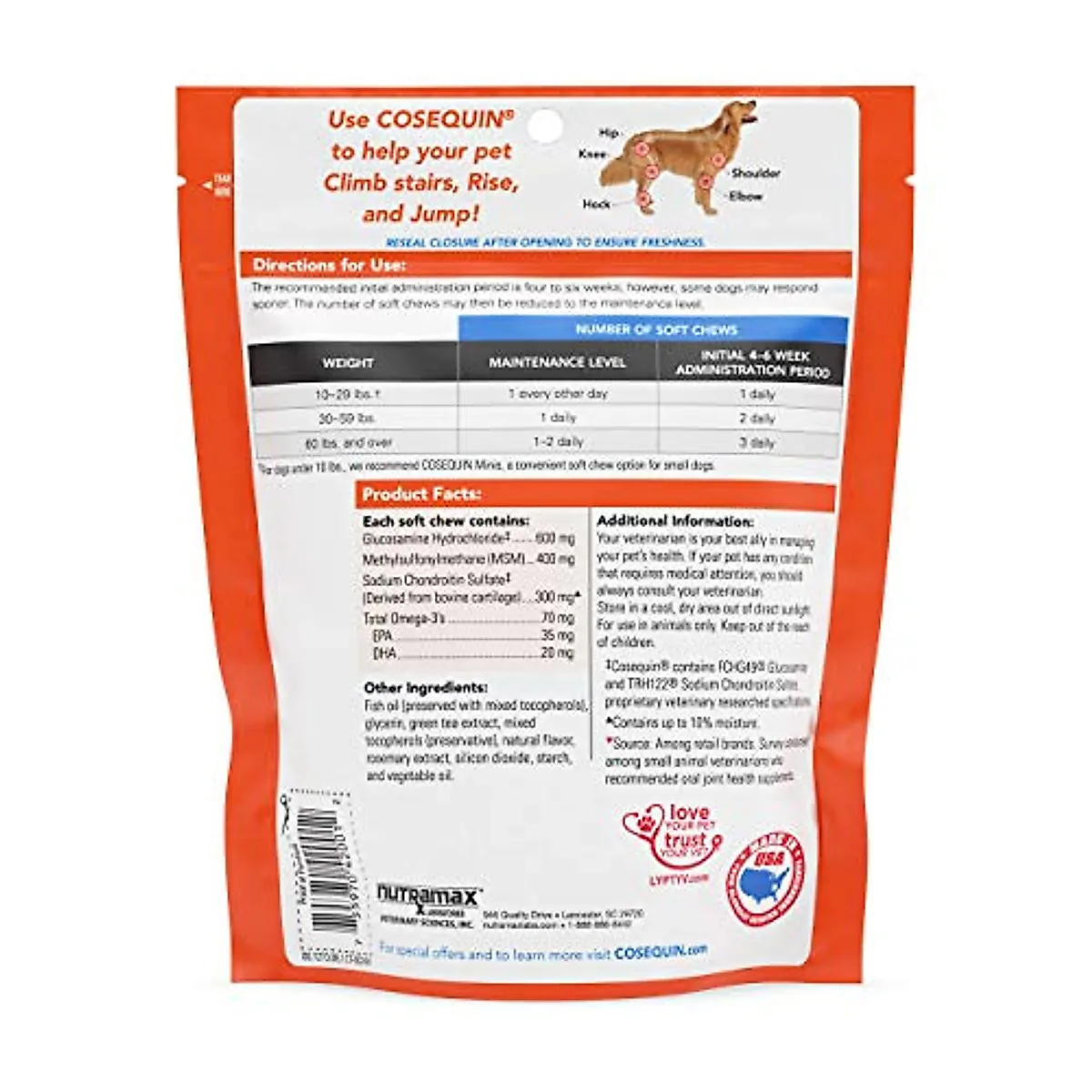 Nutramax Cosequin Joint Health Supplement for Dogs - With Glucosamine, Chondroitin, MSM, and Omega-3's, 60 Soft Chews