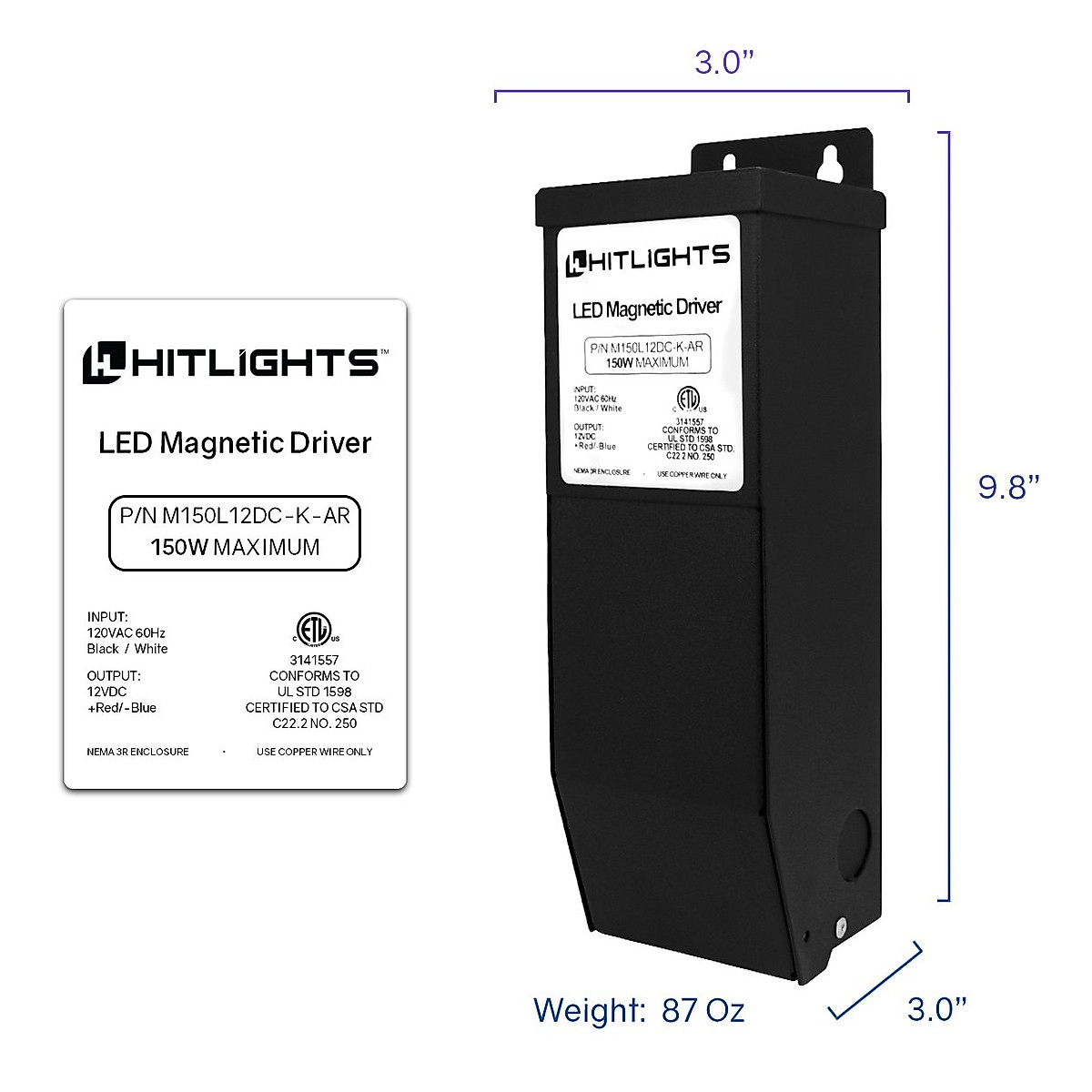 HitLights Dimmable LED Driver Transformer 12V 150W, Magnetic Power Supply 120VAC to 12VDC, Compatible with Lutron and Leviton Dimmers, for LED Strip Light, Kitchen, Cabinet, Class2, ETL Listed